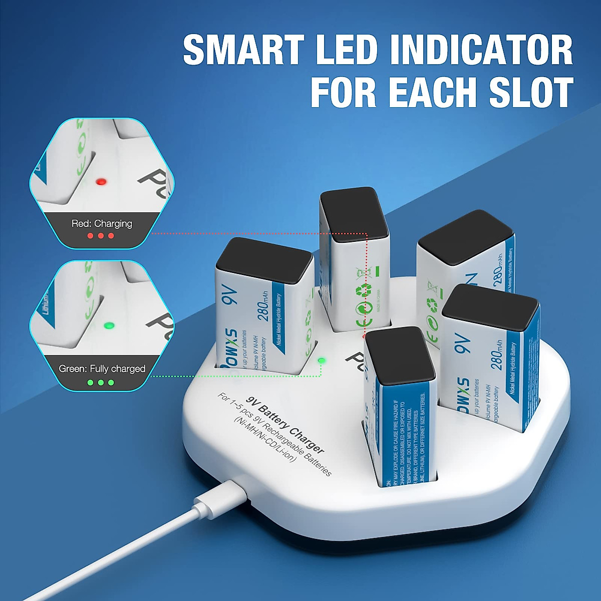 POWXS 9V Rechargeable Battereis Charger and 5 Pack 280mAh 9 Volt Ni-MH Rechargeable Batteries for Smoke Alarms, Guitar, Cameras, Toys & More