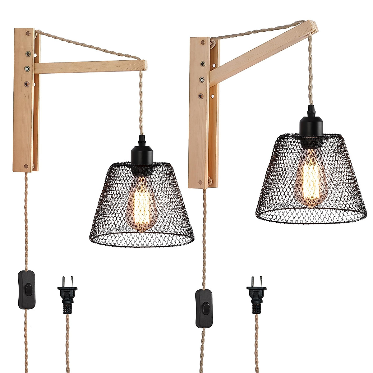 Modxian Farmhouse Plug in Wall Sconces Set of 2 Wood Wall Mounted Light with Plug in Cord Wall Lamp with Wire Cage Shade Rustic Adjustable for Bedroom Living Room Hallway Entrance E26