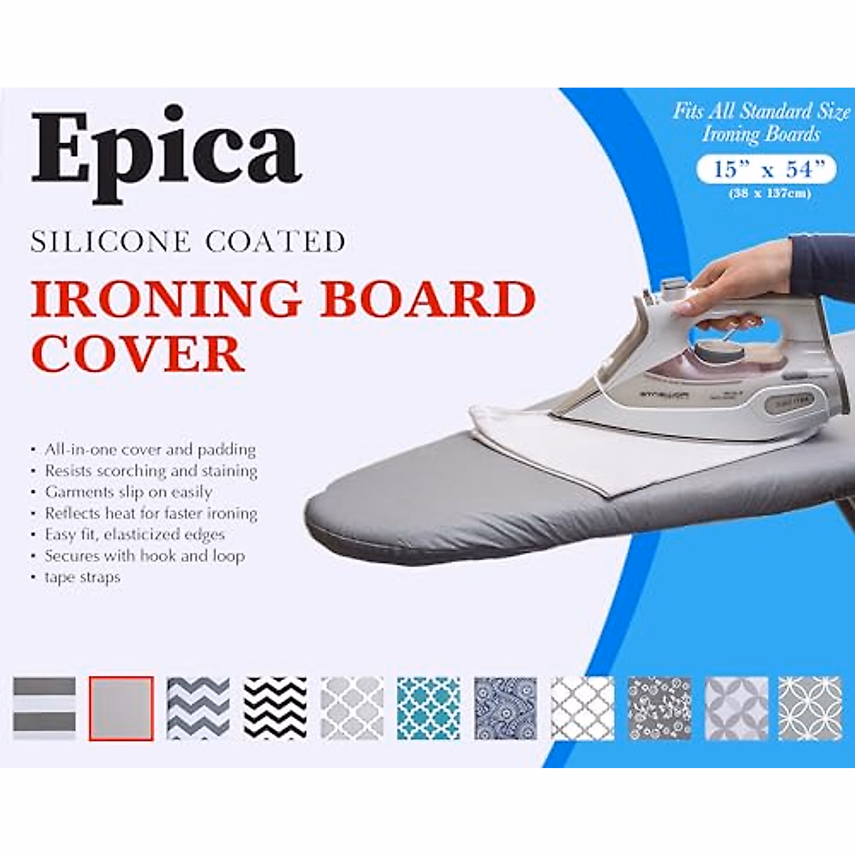 Epica Ironing Board Cover and Pad - Standard Size 15x54 Padded Ironing Board Covers, Heat Reflective Coating, Elastic Edge, Thick Pads, Scorch & Stain Resistant Iron Board Cover with Padding Grey