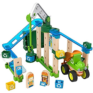 Fisher-Price Wooden Building Toy Wonder Makers Design System Lift & Sort Recycling Center, 35 Wood Piece Playset for Preschool Kids Ages 3+ Years
