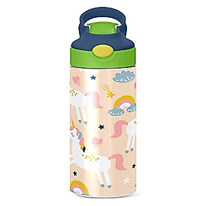 Unicorns Star Heart Kids Water Bottle, BPA-Free Vacuum Insulated Stainless Steel Water Bottle with Straw Lid Double Walled Leakproof Flask for Girls Boys Toddlers, 12Oz