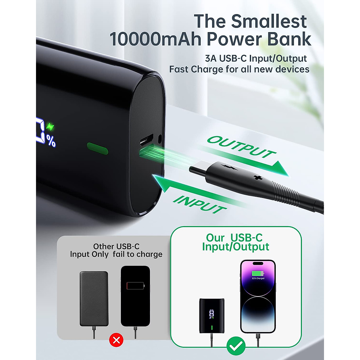 Coolreall Mini Portable Charger, Power Bank 10000mAh with LED Display, 3A USB C (in & Out) Power Bank Fast Charging, Phone Battery Pack Compatible with iPhone 14 13 12 Pro Samsung S22 Google LG etc