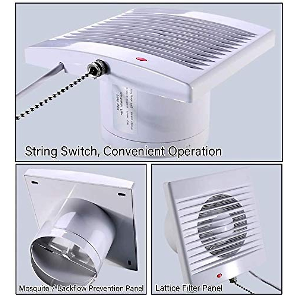 SAILFLO 6 Inch Wall-Mounted Exhaust Fan, 18W Ventilation Extractor with Anti-backflow Check Valve Chain Switch for Window Duct Glass Grow Tent Bathroom Vents - 8"×8" Grid Panel - Small Size