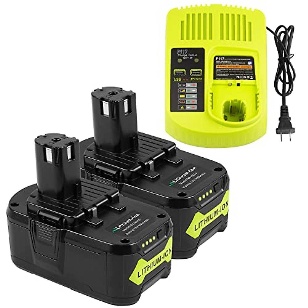 ARyee 2Pack 6.0Ah 18Volt Replacement for Ryobi 18V Lithium Battery ONE+ Plus P108 P102 P103 P104 P105 P107 P109 P122 RB18L50 PBP005 Cordless Power Tools with P117 Battery Charger for Ryobi