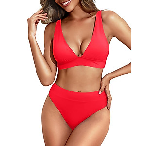 Yonique High Waisted Thong Bikini Set Two Piece Swimsuit High Cut Bikini V Neck Bathing Suit Red M