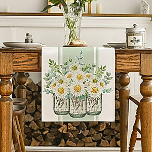 Artoid Mode Eucalyptus Leaves Daisy Vase Table Runner, Spring Easter Summer Seasonal Holiday Kitchen Dining Table Decoration for Indoor Outdoor Home Party Decor 13 x 72 Inch