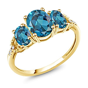 Gem Stone King 10K Yellow Gold London Blue Topaz and Diamond Accent 3-Stone Engagement Ring | 2.70 Cttw | 3 Stone Wedding Anniversary Promise Ring For Women | Size 5-9.5
