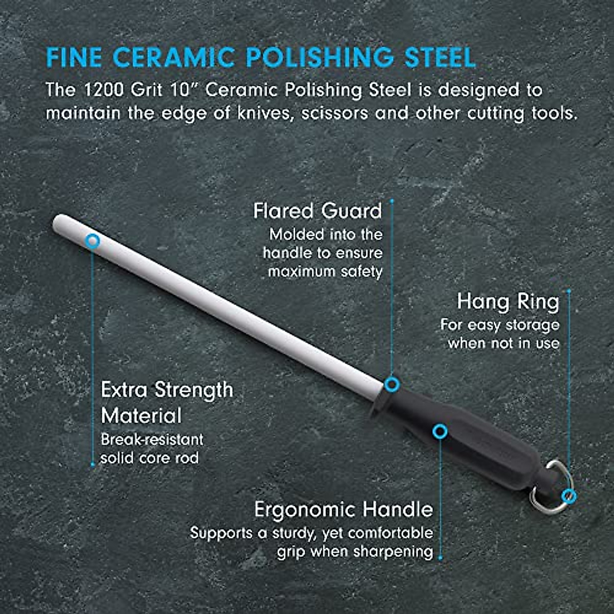 Messermeister 10” Ceramic Sharpening Rod - Knife Sharpener - Fine 1200 Grit - Break-Resistant Solid Ceramic Core, Large Sharpening Surface & Soft-Grip Handle