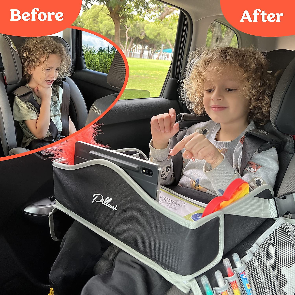 PILLANI Kids Travel Tray for Car - Car Seat Tray for Kids Travel, Car Trays for Kids Roadtrip Essentials,Carseat Table Tray for Kids Road Trip Activities -Toddler Lap Desk Organizer for Airplane