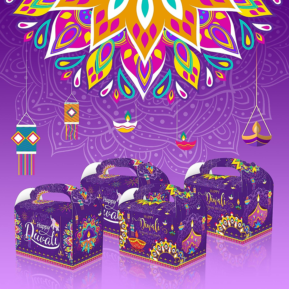 KYMY Diwali Treat Boxes, 12pcs Happy Diwali Goodie Candy Gift Boxes for Snack Sugar Chocolate, India Festival of Lights Gift Boxes, India Festival Party Favor for Diwali Decorations