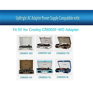 UpBright 5V 1A AC/DC Adapter Compatible with Crosley CR8005F CR8005F-W0 Cruiser Plus Portable Turntable CR8005D BK CR8005 D CR 8005 CR8005F-GA CR8005D-BL CR8005D-TU CR8005D-TW CR8005D-WS Power Supply