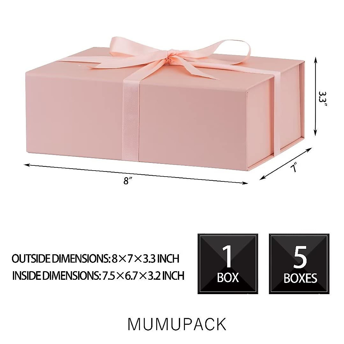 MUMUPACK Gift Box 8x7x3.3 Inches,Pink Gift Box with Lid, Storage Box Ribbon Magnetic Closure for Luxury Packaging Box for Presents,Wedding Christmas Birthdays Gift Packging