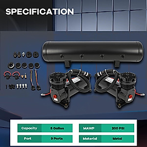 STAYTOP Dual Air Compressors 5 Gallon Air Tank for Air Suspension/Air Ride Bag/Train Horn/Spring, Onboard Air System Kit 200 psi Compressors