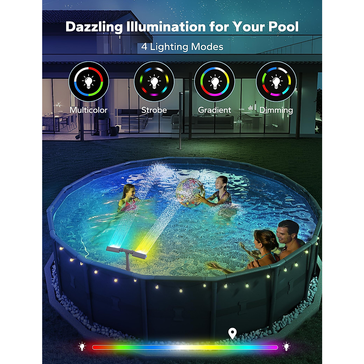 POOLHACKER Pool Fountain with 7-Color LED Lights, Above/Inground Pool Fountain Lights with Remote Control, Adjustable Pool Sprinkler Fountain with Dual Spray Heads, Above Ground Pool Cooling System