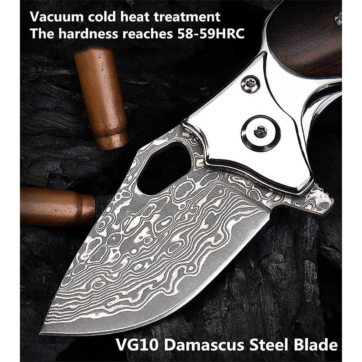 KUNSON Small Folding Knife Pocket Knife Redwood Handle VG10 Damascus Steel Sharp Blade - Pocket Knife for Men - Best Partner for Camping Hunting Fishing - EDC and Outdoor Gear