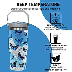 Butterfly Tumbler with Handle and Straw, Stainless Steel Vacuum Insulated Flip Straw 30 oz Blue Butterfly Tumbler Spill Proof Coffee Travel Mug Butterfly Gifts