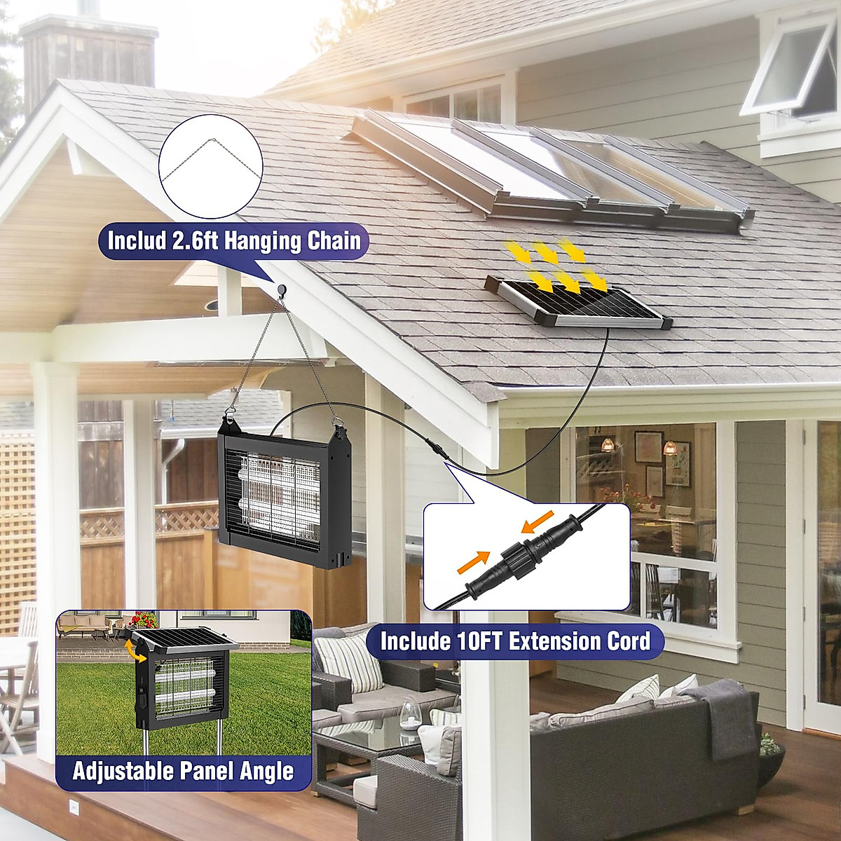 Solar Bug Zapper Outdoor, Wireless Portable Camping Mosquito Zapper with Panel Sensor, Fly Traps with 10FT Extension Cord, Fly Zapper, Mosquito Killer, Electric Trap Ideal for Home, Patio, Backyard