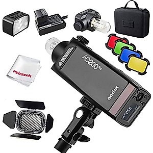 GODOX AD200Pro AD200 Pro with BD-07 Barn Door Honeycomb Grid 4 Color Filter Kit, 200W 2.4G Flash Strobe, 1/8000 HSS, 500 Full Power Flashes, 0.01-2.1s Recycling, 2900mAh Battery