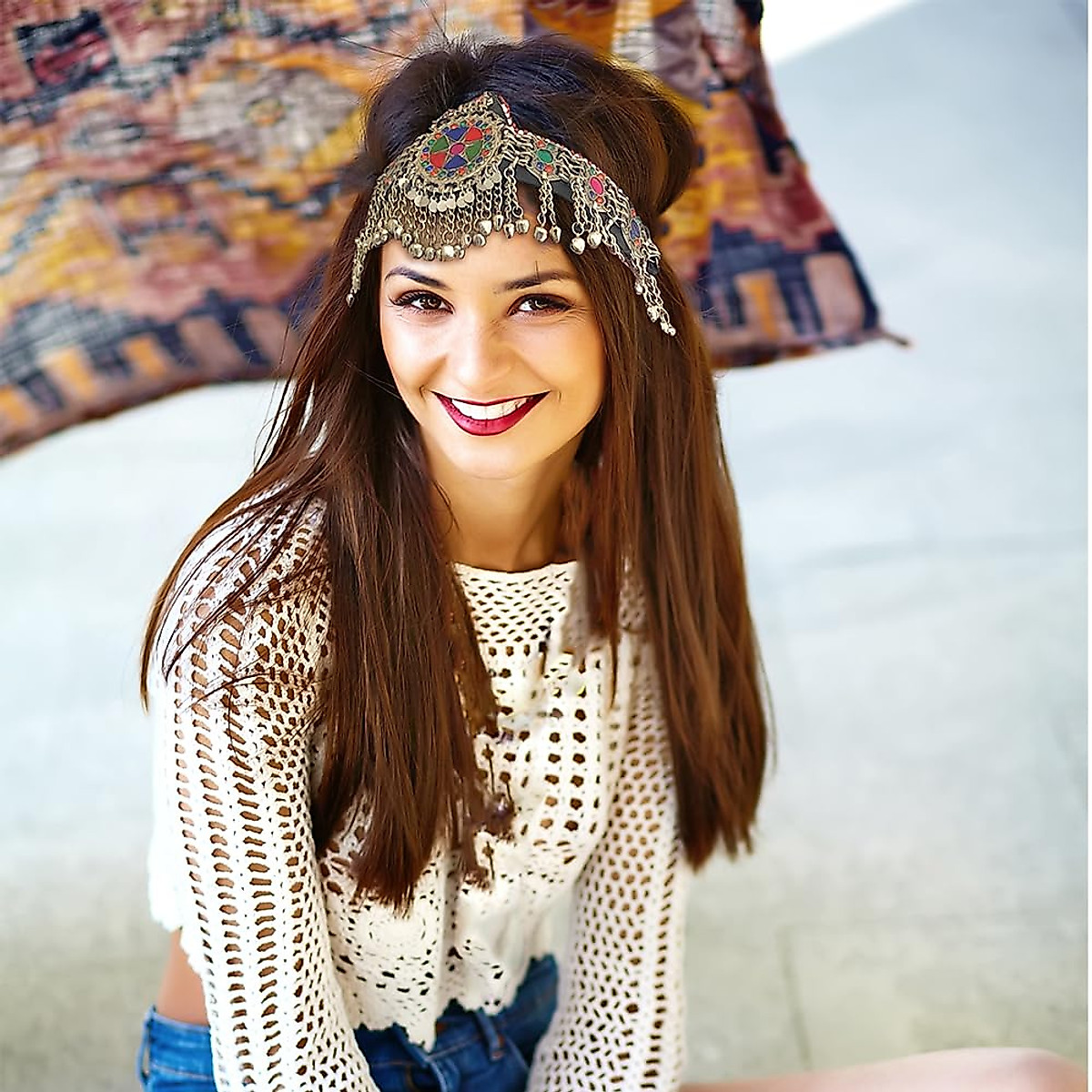 Duel On Jewel Ertuğrul Halima Turkish Kayi Tribal Afghan Kuchi Headband Ornament Jewelry In Antique Finish Bells Multicolor Stones - Costume Party Belly Dancing Gifts