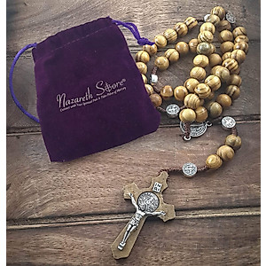 Nazareth Store Wood Beads Rosary Necklace Saint Benedict Medal & Catholic Cross Religious Prayer Chaplet String Handmade - Velvet Bag