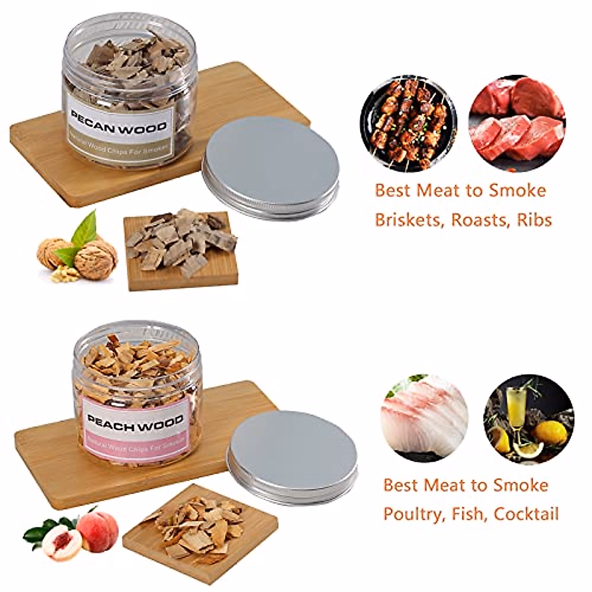 Natural Wood Chips for Smoker Grill and Smoking Gun 6 pcs Wood Chips Pecan, Oak, Cherry, Apple, Peach and Pear About 8oz Each Great for Smoking Beef Pork Chicken Fish and Whisky