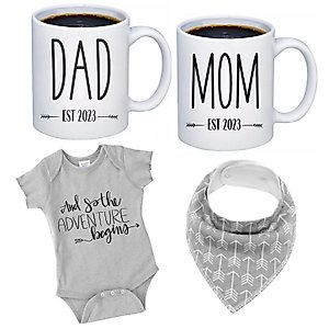 Tipit Drinkware Pregnancy Gift Est 2023-New Parents Gifts-Mommy and Daddy Est 2023 11 oz Mug Set -Adventure Awaits Romper (0-3M)-Top Mom and Dad Gift Set for Parents to Be New Mom Gifts for Women