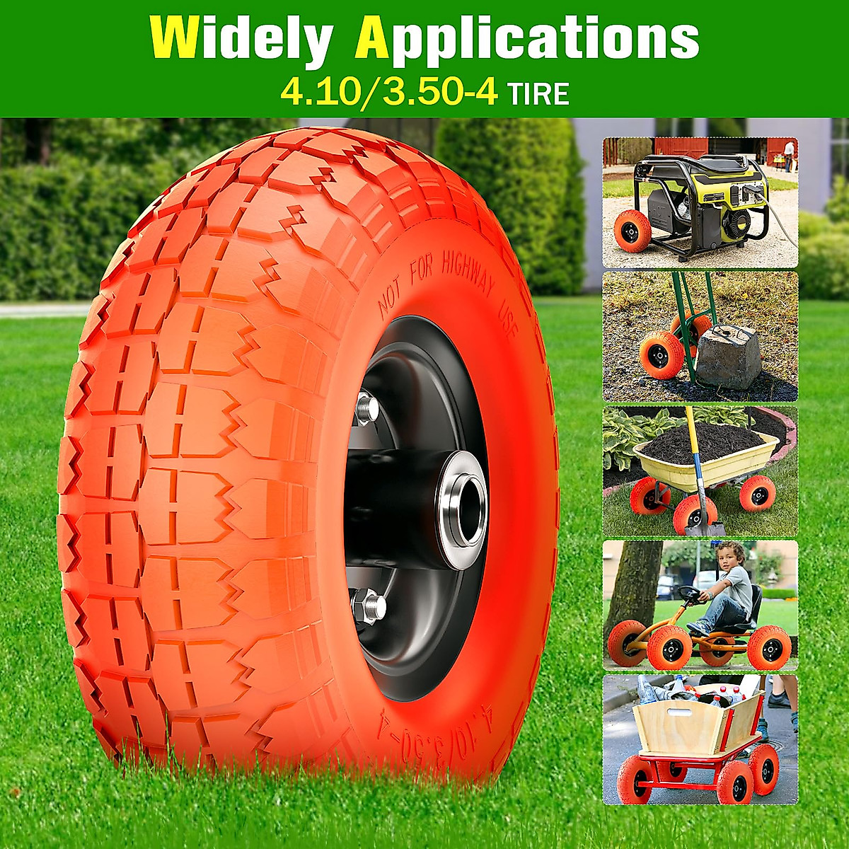 4.10 3.50-4 Tire and Wheel, 10 Inch Flat Free Tires 4 Pack with 5/8” Axle Bore Hole and Double Sealed Bearings, for Dolly Tires/Hand Truck Tires/Dump Cart Tires