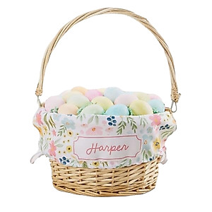 Personalization Universe Personalized Easter Flowers Hand-Woven Easter Basket with Folding Handle, Baby's First Easter, Perfect for Basket Stuffers, Girls - Natural