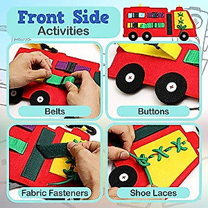 Busy Board for Toddlers 1-3 or 2-4, Firetruck Preschool Educational Early Learning Toy, Basic Life Skills and Fine Motor Montessori Activities for Kids, Learn to Dress Sensory Toy as Travel Game