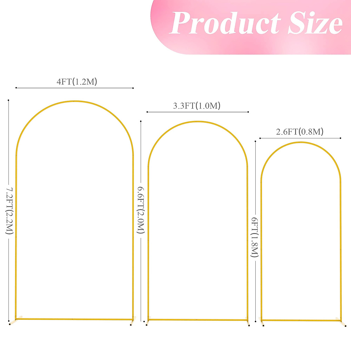 Wokceer Wedding Arch Backdrop Stand 7.2FT, 6.6FT, 6FT Set of 3 Gold Metal Arch Backdrop Stand for Wedding Ceremony Baby Shower Birthday Party Garden Floral Balloon Arch Decoration