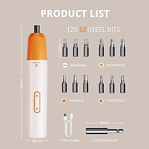 PARRIOR 4V Cordless Screwdriver, Electric Screwdriver Sets with 12 S2 Steel Bits, Rechargeable Cordless Screwdriver Max 6 N.m, LED Light, Assemble Tool for Furniture, Computer, Bicycle