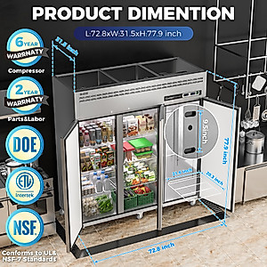 Coolski Dual Temp Commercial Refrigerator 3 Door Upright 72" W, 54 Cu.ft Reach in Fan Cooling Commercial Refrigerator and Freezer Combo for Restaurant, Kitchen, Garage, Food Truck, School, Church