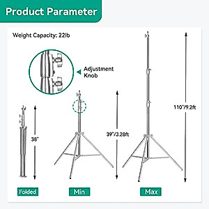 Heavy Duty Light Stand Photography: Stainless Steel - Takerers 9.2ft/110inch Adjustable Tripod stands with Spring Cushioned, 1/4" to 3/8" Universal Screw, Carry Bag for Softbox, Strobe(Max Load: 22lb)