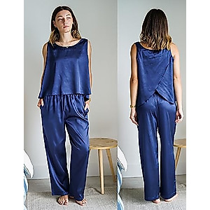 Ekouaer Pyjamas for Women Satin Sleepwear Two Piece Pajamas Silk Pjs Tank Top and Loose Pant Set Nightwear Navy Blue