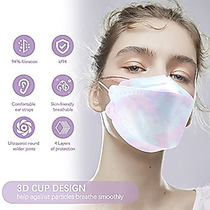 KF94 Mask 60 PCS Individually Wrapped Face Mask 4 Ply Protection 3D Fish Type KF94 Masks for Adults (Tie dye)