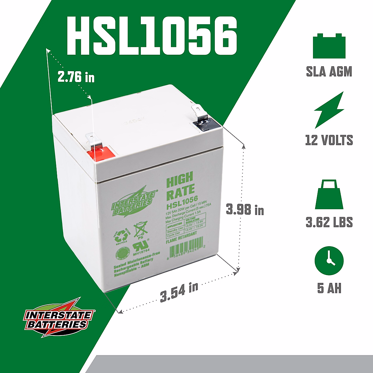 Interstate Batteries 12V 5Ah High Rate Battery (F2 Terminal) SLA AGM VRLA Fireproof Rechargeable Replacement for UPS Systems, Servers, Backup Power (HSL1056)