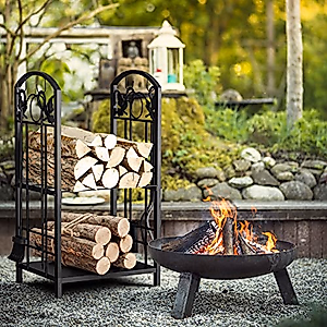 DAWNSPACES Firewood Rack with Fireplace Tools, 30 Inch 2-Tier Outdoor Log Rack Wood Holder Storage, Patio Log Stand, Heavy Duty Log Storage Bin Indoor for Fireplace with Leaves Pattern, Black