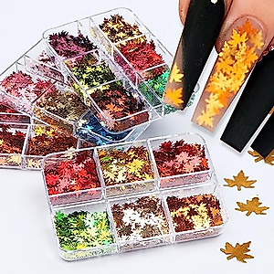 Autumn Fall Leaf Nail Glitter Shapes Thanksgiving Maple Leaf Glitter Sequins Holographic Nail Sequins Shapes Mixed Leaf Confetti Halloween Fall Maple Leaf Glitter Flake Design Decoration(6 Grids)