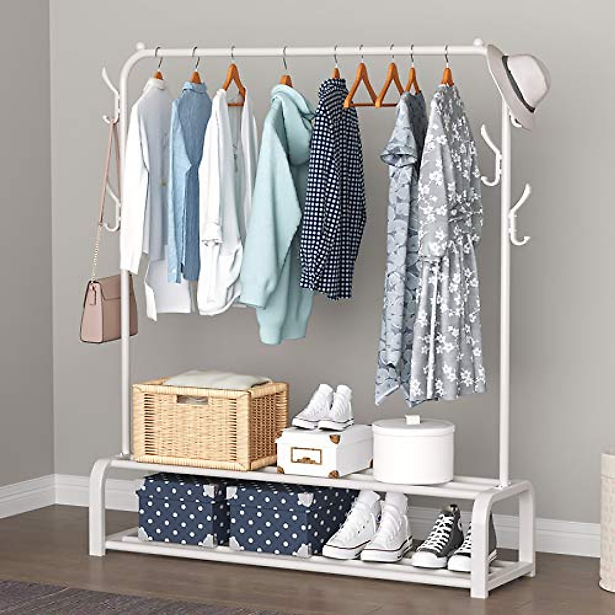 YAYI Garment Rack Clothes Rack Freestanding Hanger Bedroom Clothing Rack With 2-Tier Lower Storage Shelf And Side Hooks,White