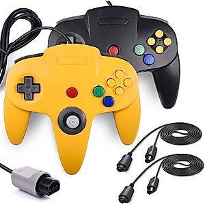 miadore 2-Pack Wired Classic 64 Controller Bundle with 2 Extension Cords [1.8m/6ft ] Compatible with N64 Video Game Console (Black and Yellow)
