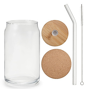 Altfun Drinking Glasses with Bamboo Lids,Glass Straw and Coaster 4pcs-16oz Can Shaped Glass Cups,Beer Glasses,Iced Coffee Glasses,Cute Tumbler Cup,Ideal for Cocktail,Whiskey,Gift-2 Cleaning Brushes