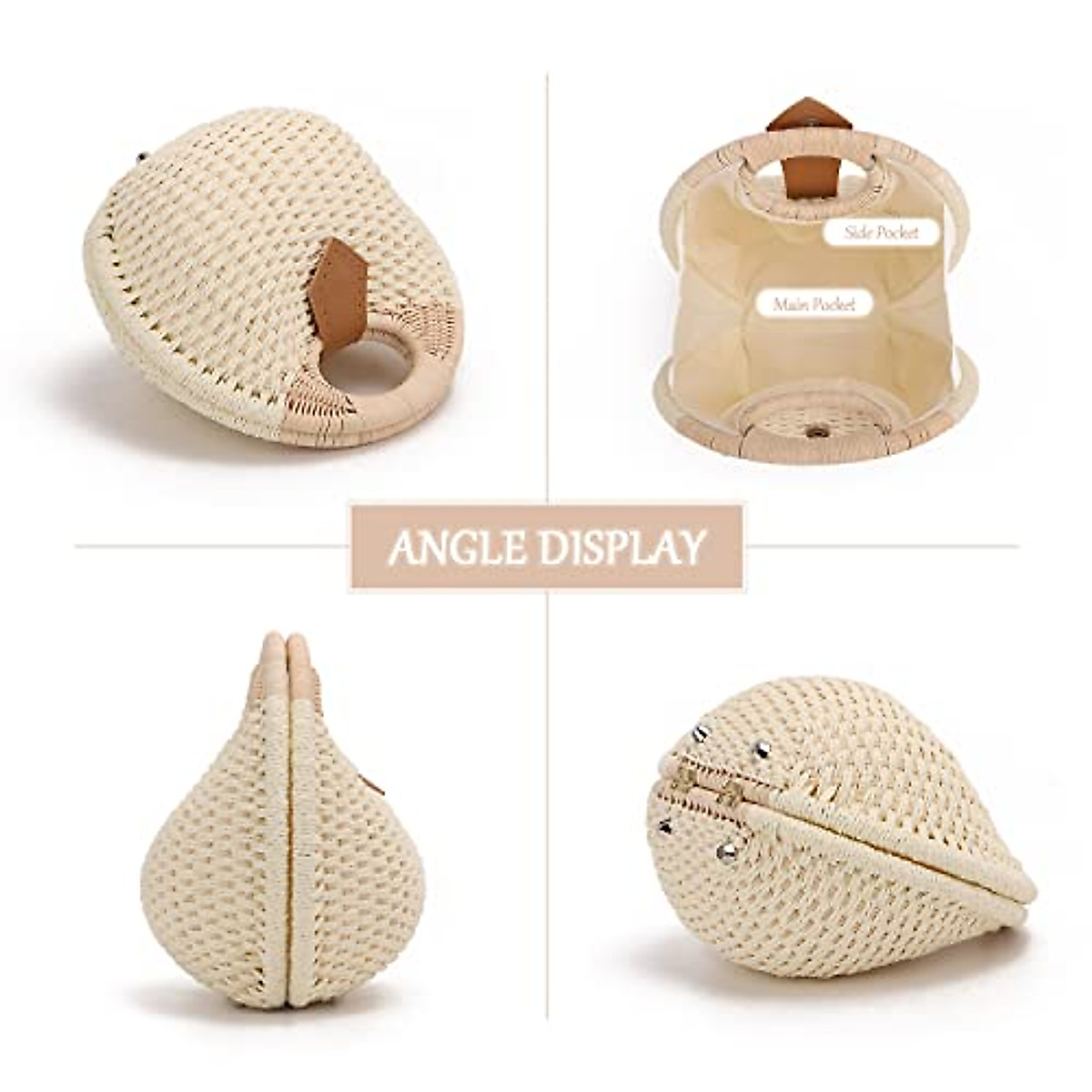 Ynport Straw Purses for Women Summer Beach Rattan Tote Bag Round Handle Ring Handbag Retro Handmade Woven Shell Bag