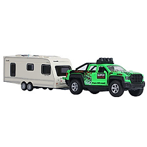 Pickup Truck Trailer Towing Toy Camper 2 in 1 Playset RV Motorhome Toys for Boys Diecast Model Car Metal Pull Back Toy Cars 1/36 Scale SUV Doors Open Light Sound Kids Birthday Gifts, Green