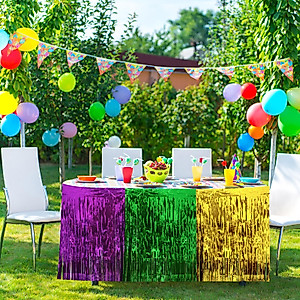 URATOT 2 Pack 29 x 106 Inches Mardi Gras Metallic Fringe Table Skirt Mardi Gras Decorations for Party Gold Green Purple Foil Fringe Table Skirt