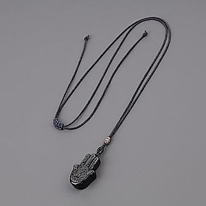 COAI Adjustable Nylon Cord Hamsa Hand Obsidian Black Stone Necklace