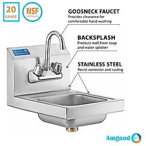 AmGood Stainless Steel Wall Mount Hand Sink 12" x 16" | NSF Commercial Hand Washing Basin with Faucet For Restaurant, Kitchen and Home | Bowl Size: 9" x 9"