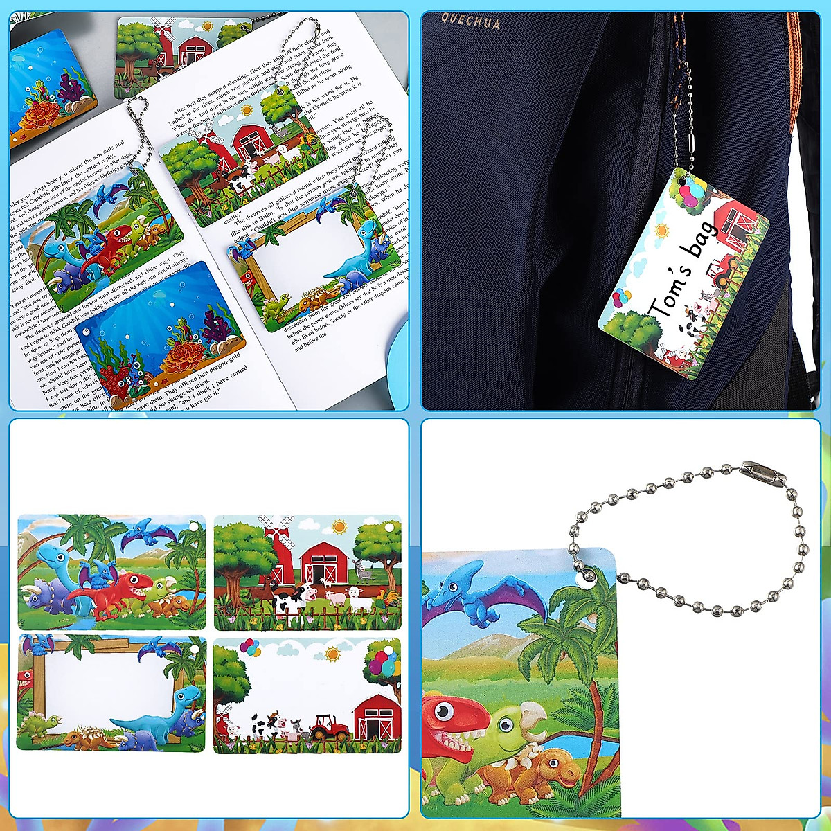 36 Set Kids Tags Personalized Waterproof Name Tag Reusable Backpack Tags Plastic Writable Child Id Bag Tags with Chain Attachments Name Labels for School Luggage Lunch Box Ocean Dinosaurs Jungle