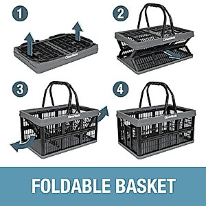 CleverMade 16L Collapsible Reusable Plastic Grocery Shopping Baskets; Small Foldable Storage Crates with Handles, 3 Pack, Charcoal