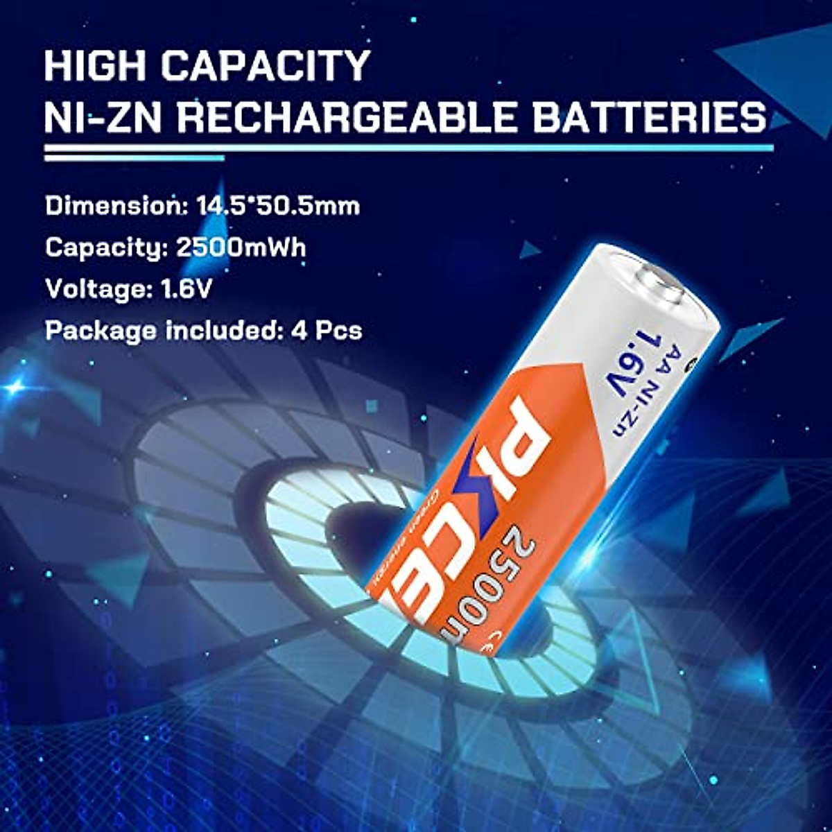 PKCELL Rechargeable AA Batteries NiZn Double A 1.6V 2500mWh Battery- 4Count for Thermometer Cameras Power