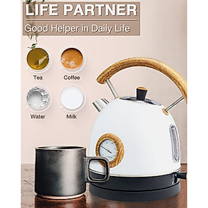 Electric Tea Kettle, Hot Water Boiler with Thermometer 1.7 Liter Stainless Steel Teapot, BPA Free, 1500W, SMOLON Wood Pattern Handle Pour-Over Electric Kettle with LED Indicator Auto Shut-Off, White